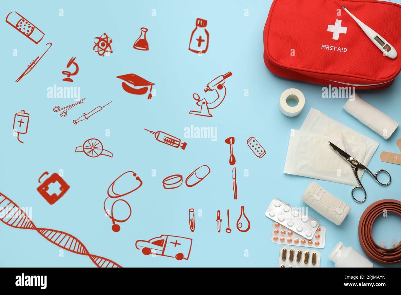 First aid kit and different images on light blue background, flat lay ...