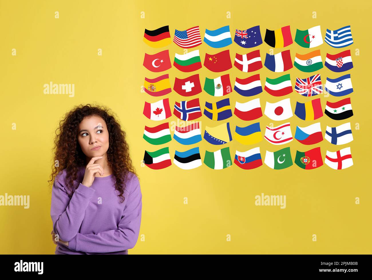 Portrait of interpreter and flags of different countries on yellow ...