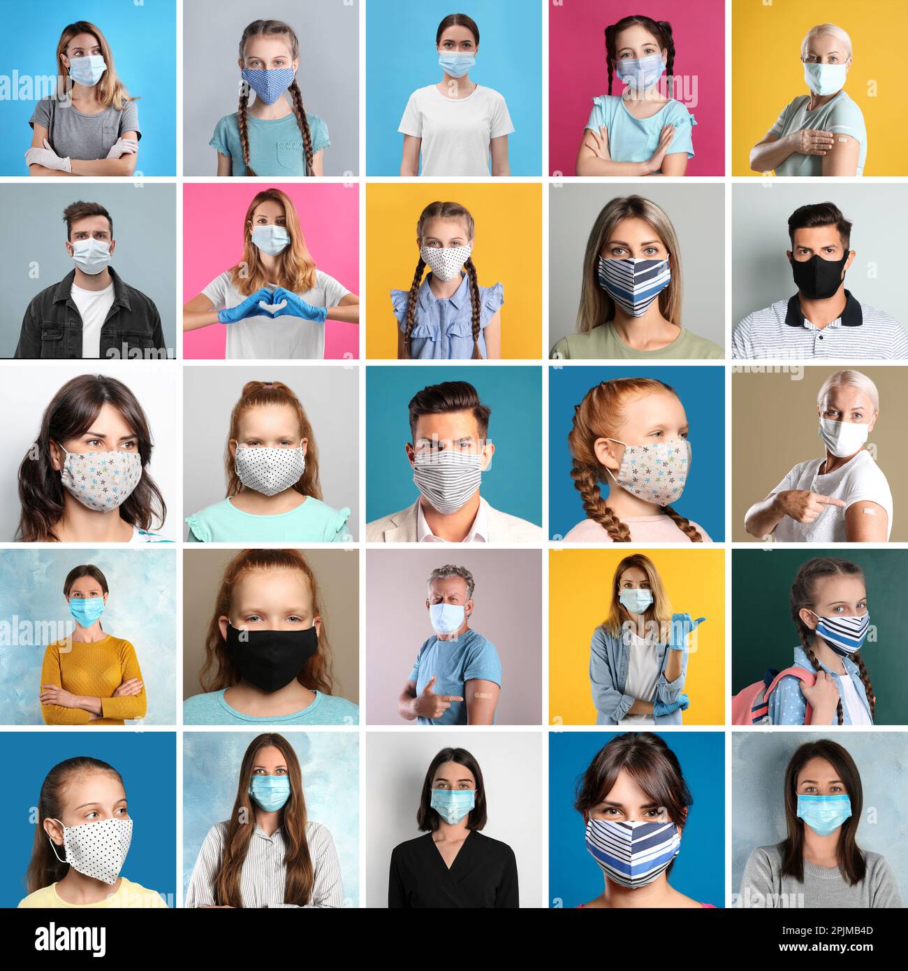 Collage with photos of people wearing protective face masks on ...