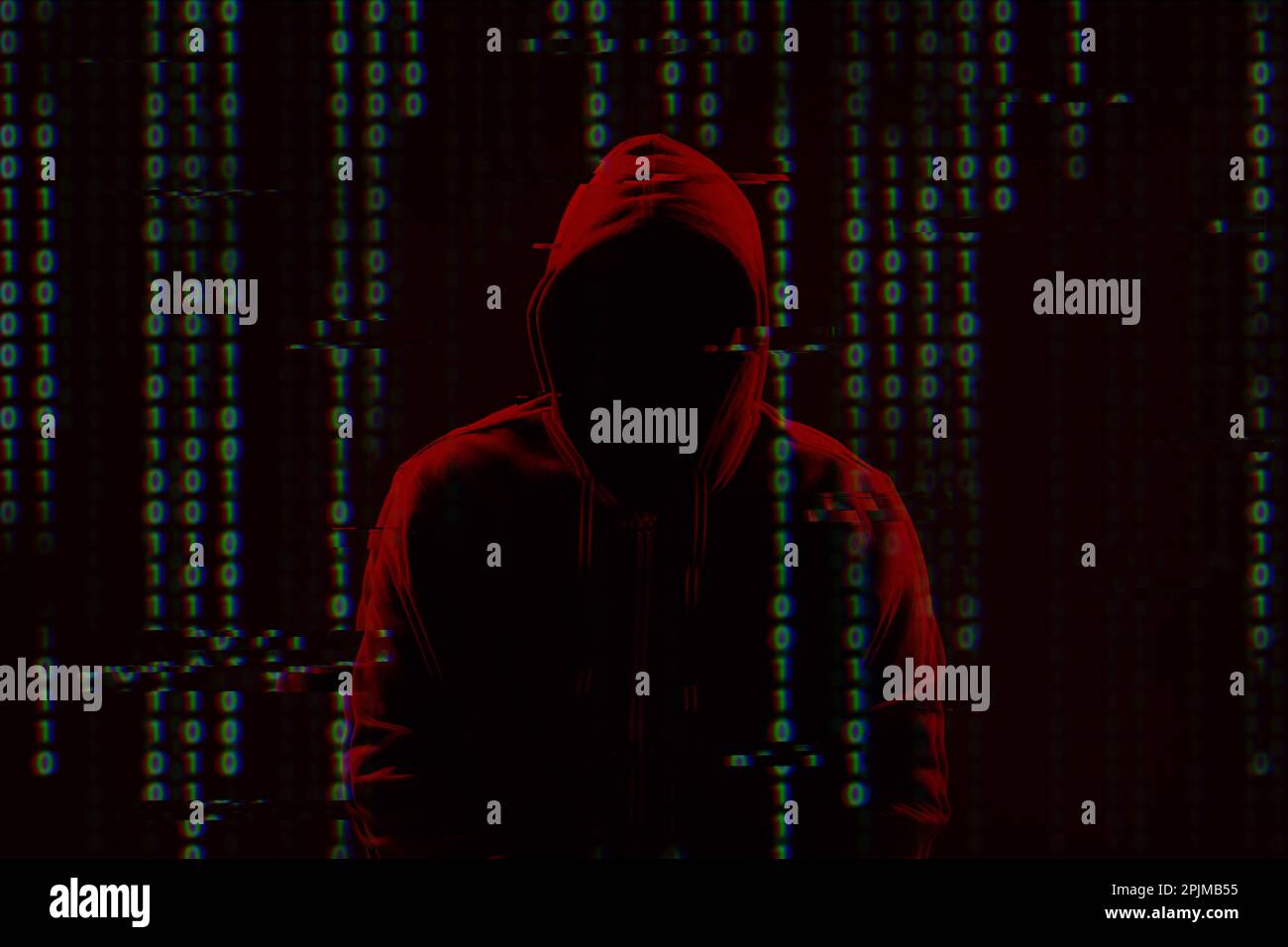 Silhouette of anonymous hacker and digital binary code on dark background. Cyber attack concept ...