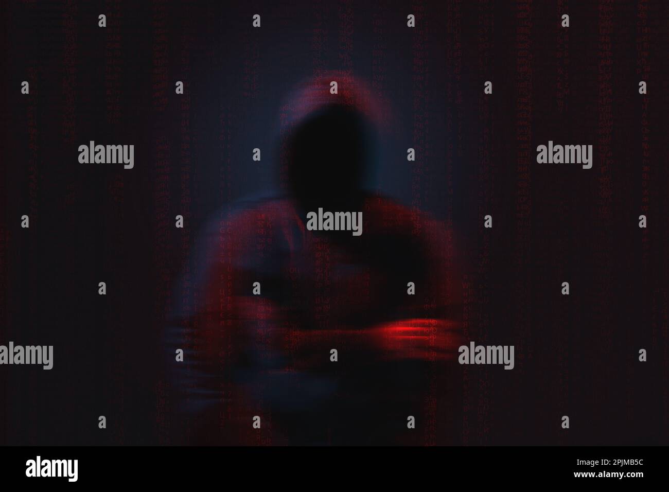 Silhouette of anonymous hacker and digital binary code on dark background. Cyber attack concept ...