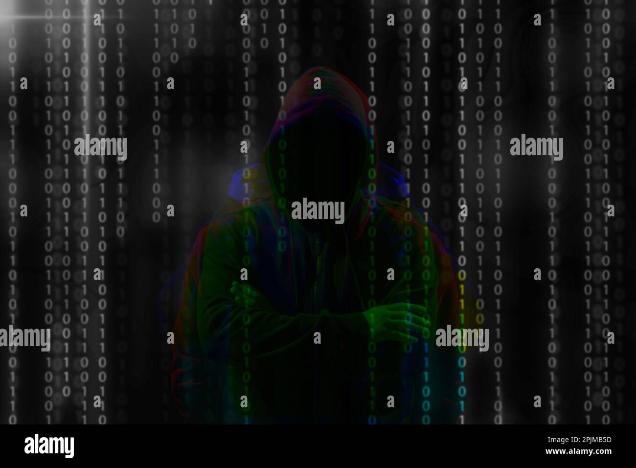 Silhouette of anonymous hacker and digital binary code on dark background. Cyber attack concept ...