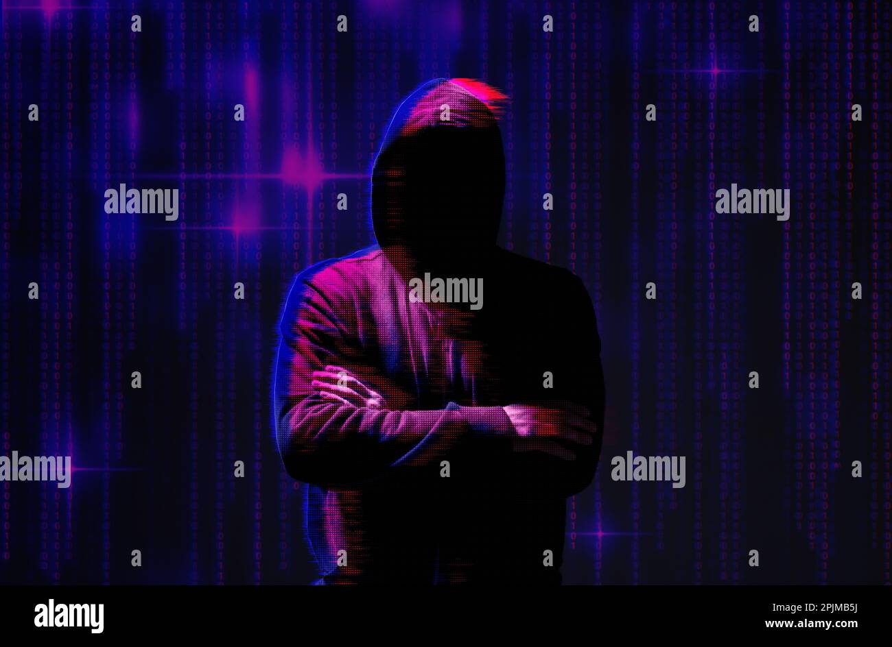 Silhouette of anonymous hacker and digital binary code on dark background. Cyber attack concept ...