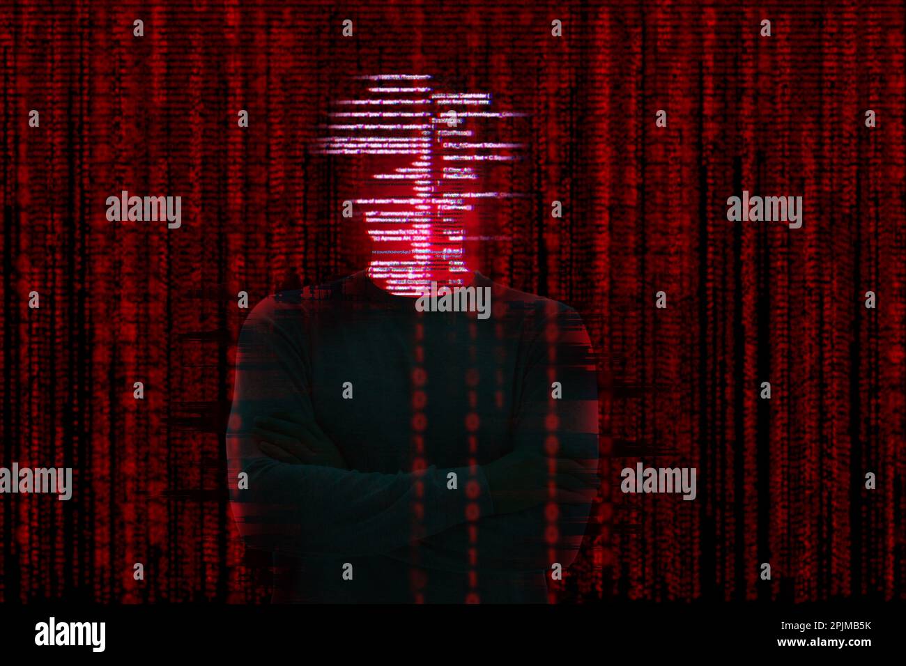 Silhouette of anonymous hacker and digital binary code on dark background. Cyber attack concept ...