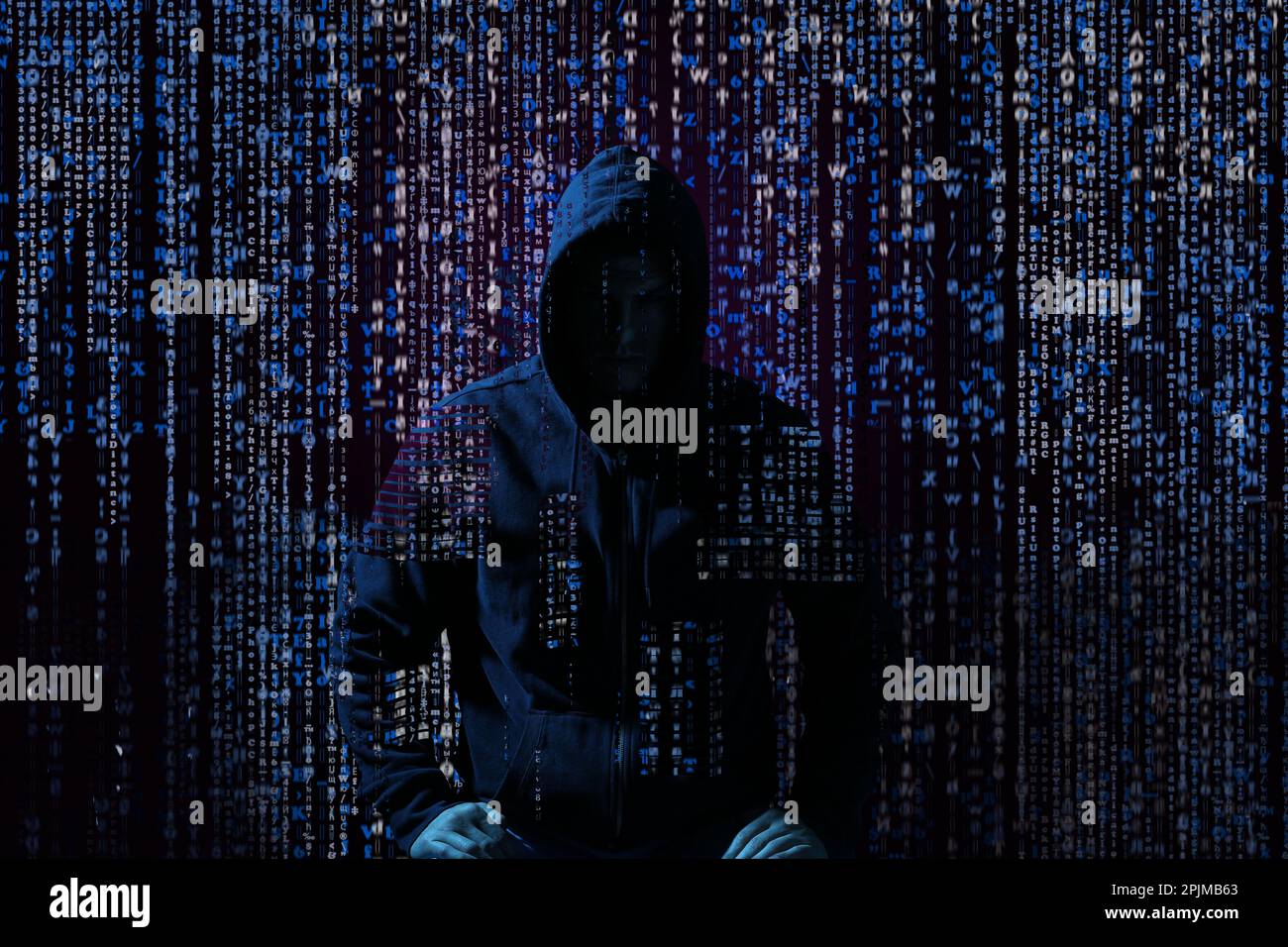 Silhouette of anonymous hacker and digital binary code on dark background. Cyber attack concept ...