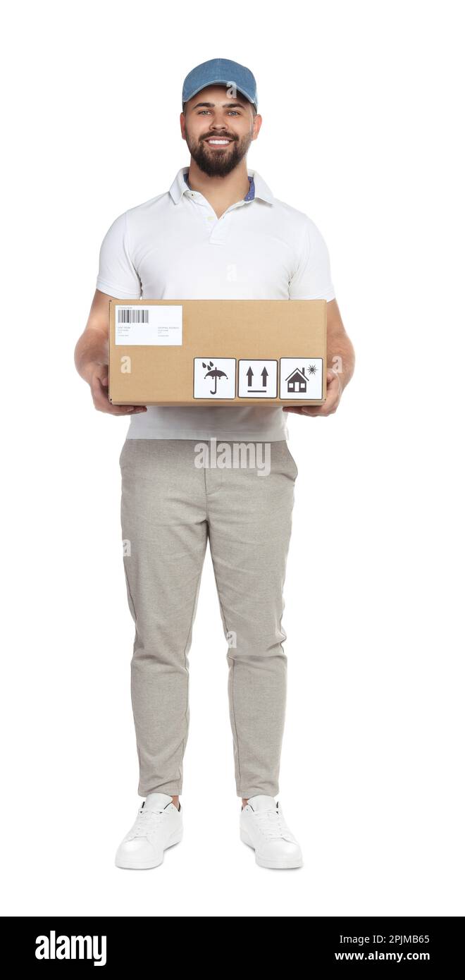 Smiling courier holding carton Cut Out Stock Images & Pictures - Alamy