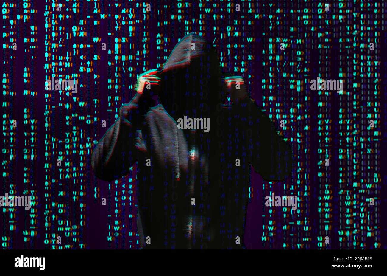 Silhouette of anonymous hacker and digital binary code on dark background. Cyber attack concept ...