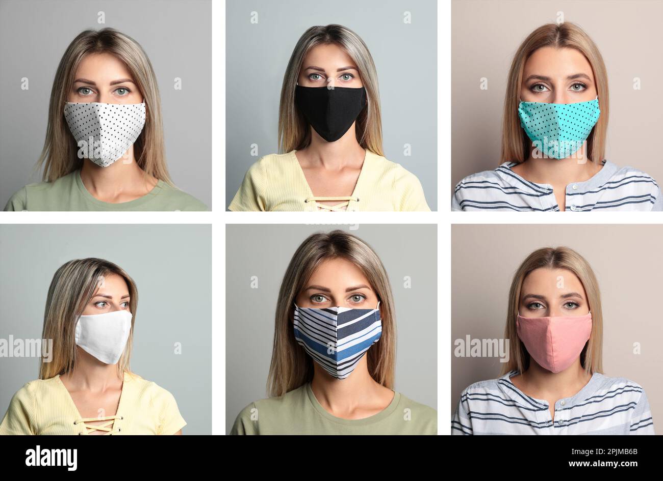 Collage with photos of women wearing protective face masks on light ...