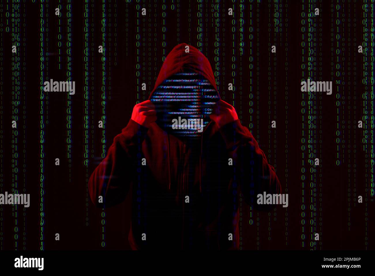 Silhouette Of Anonymous Hacker And Digital Binary Code On Dark Background Cyber Attack Concept
