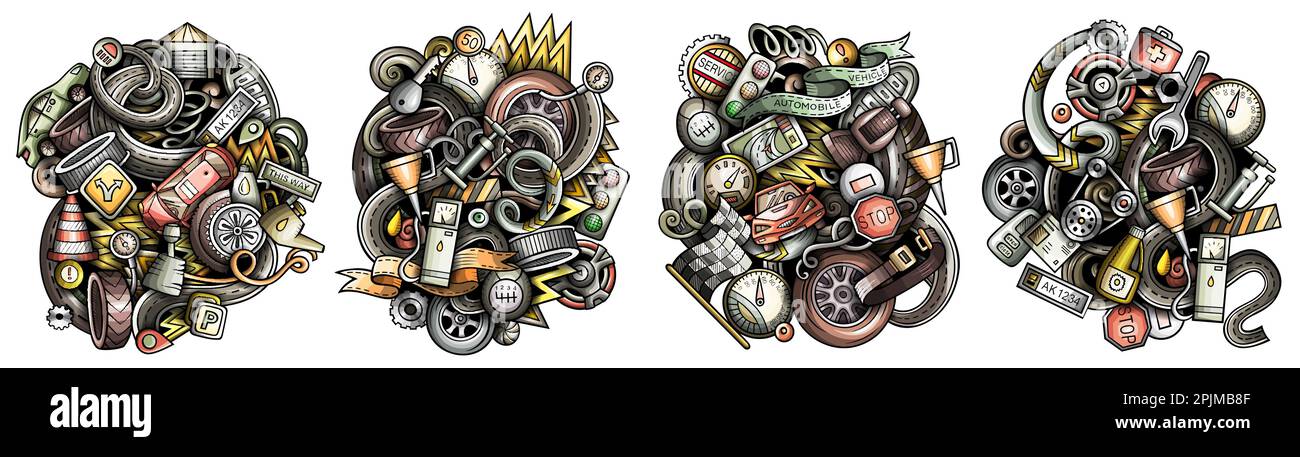 Auto service cartoon vector doodle designs set. Colorful detailed ...