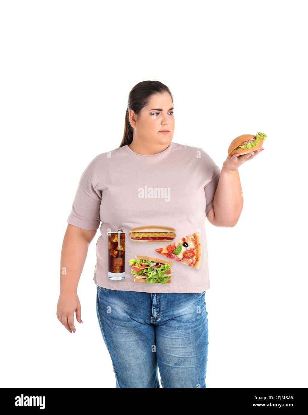 Overweight woman with images of different unhealthy food on her belly ...