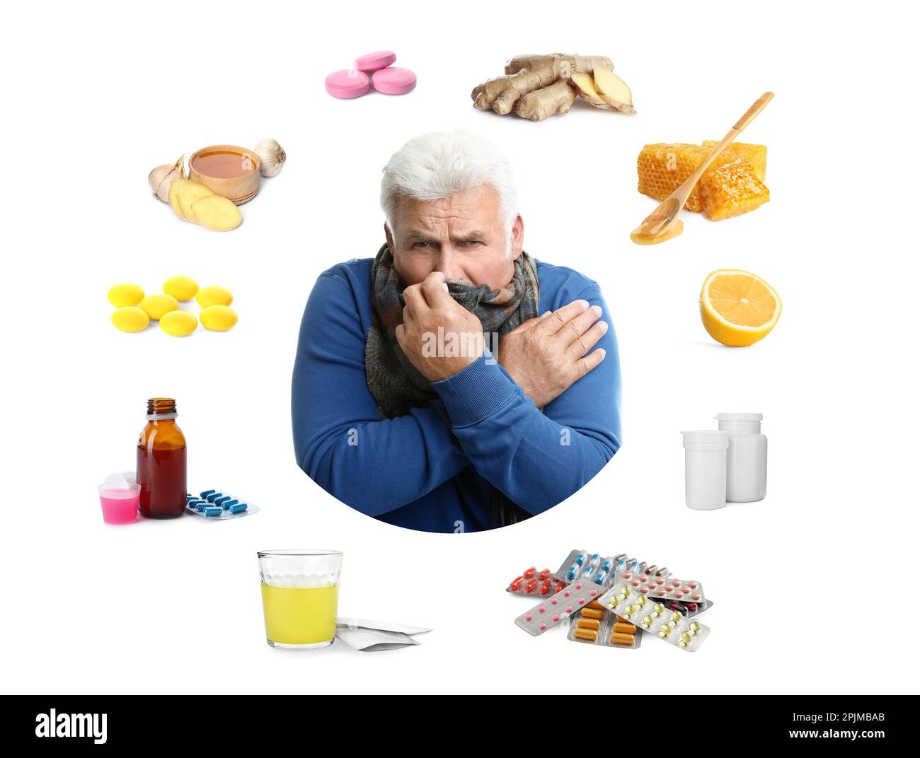 SIck mature man surrounded by different drugs and products for illness ...