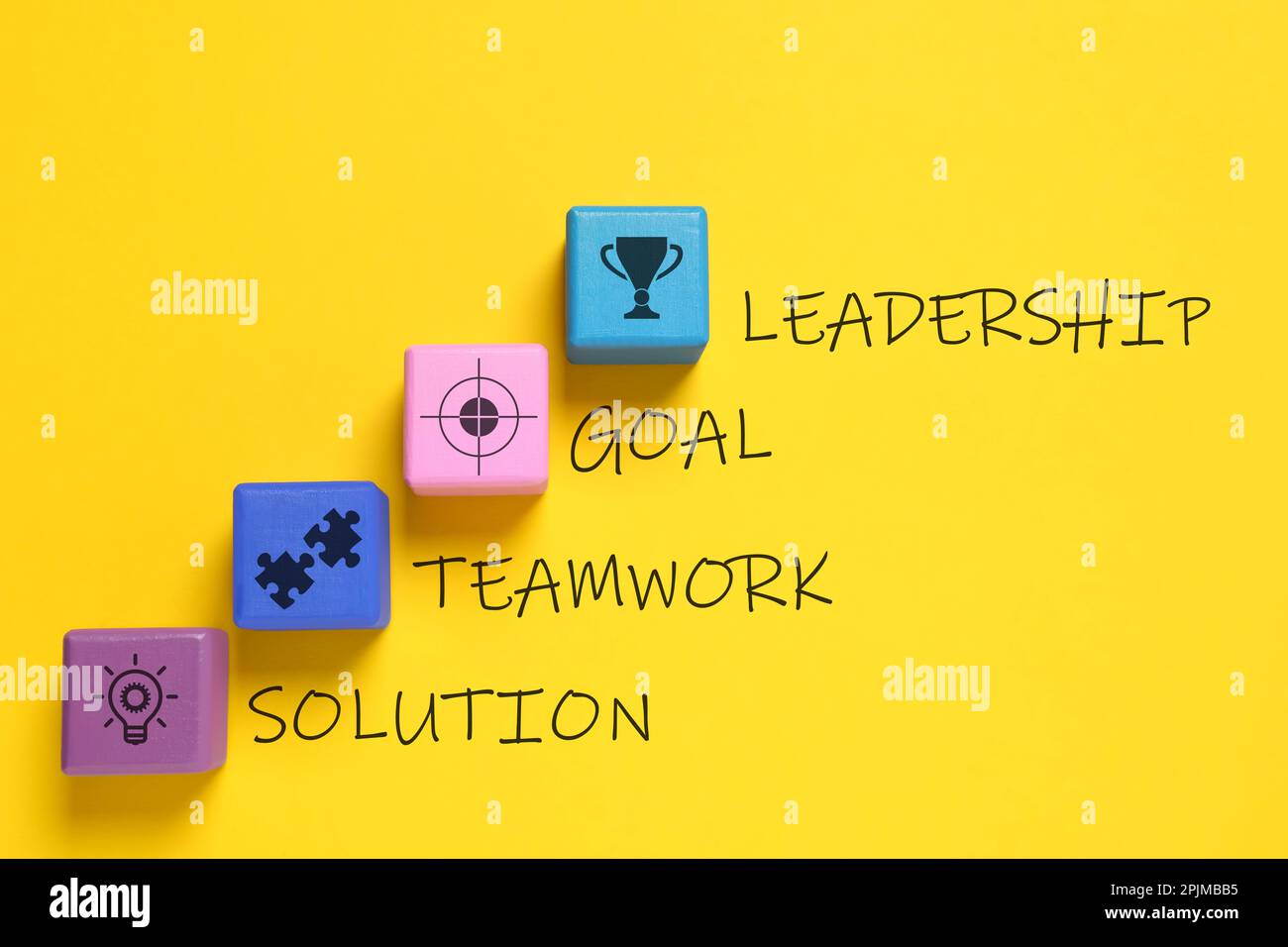 Colorful cubes with different images and words Leadership, Goal ...