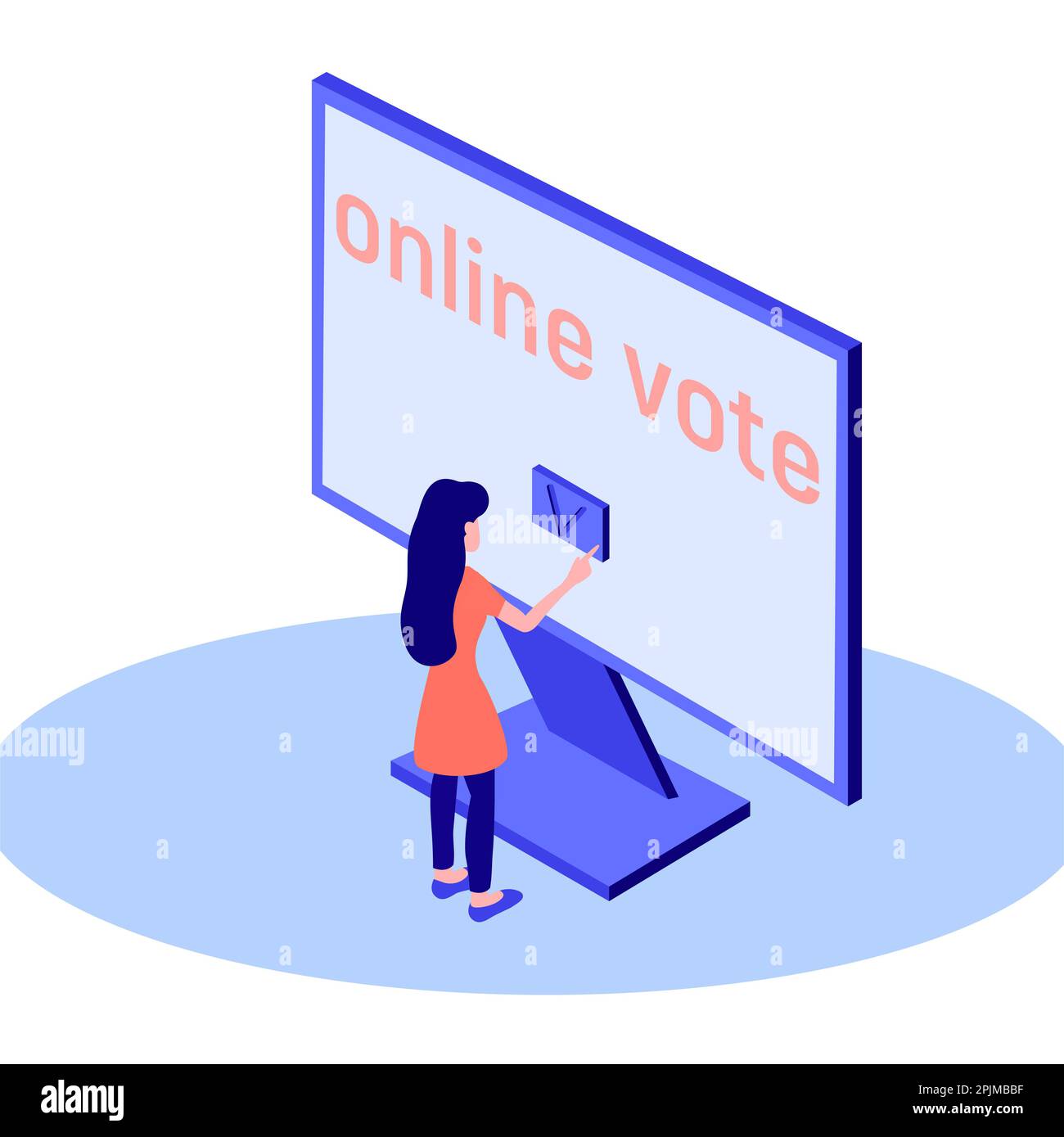 Illustration of woman and computer monitor on white background. Online ...