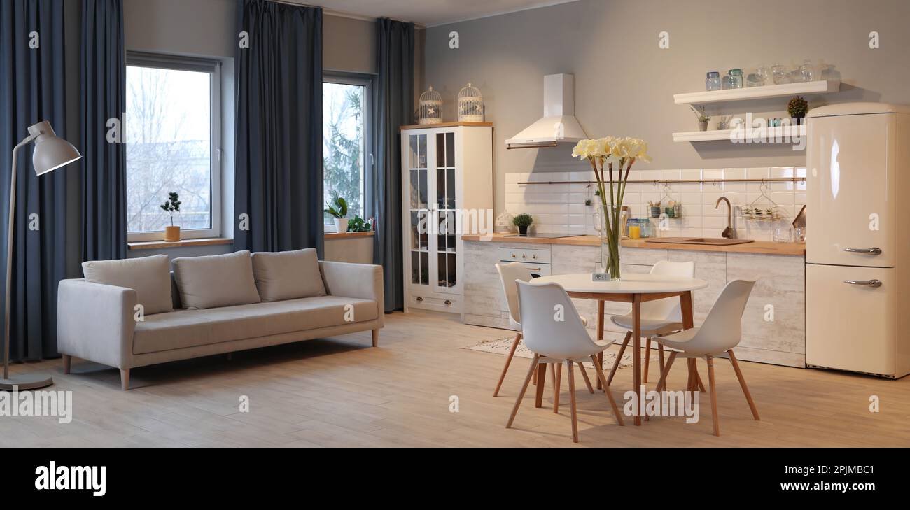 Modern kitchen interior with new stylish furniture. Banner design Stock ...