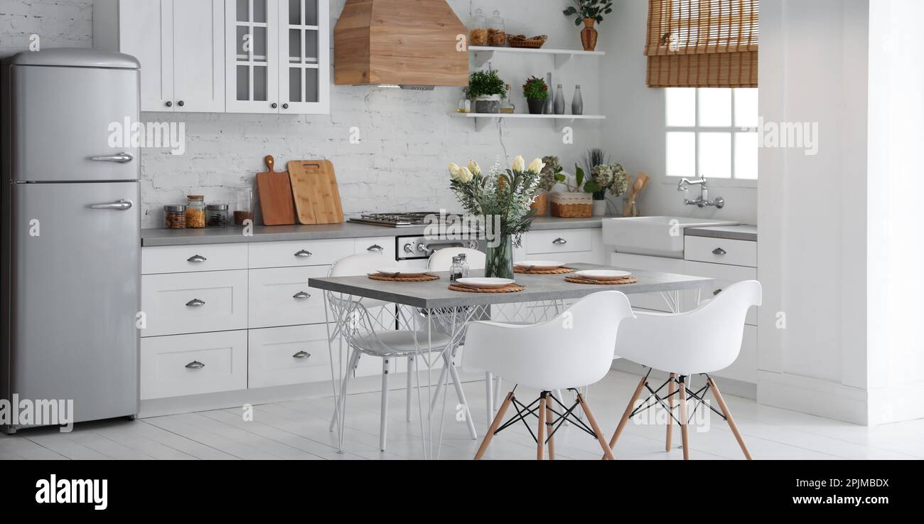 Beautiful kitchen interior with new stylish furniture. Banner design ...