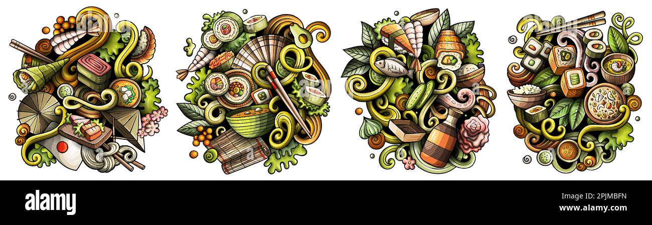 Japan food cartoon vector doodle designs set. Colorful detailed ...