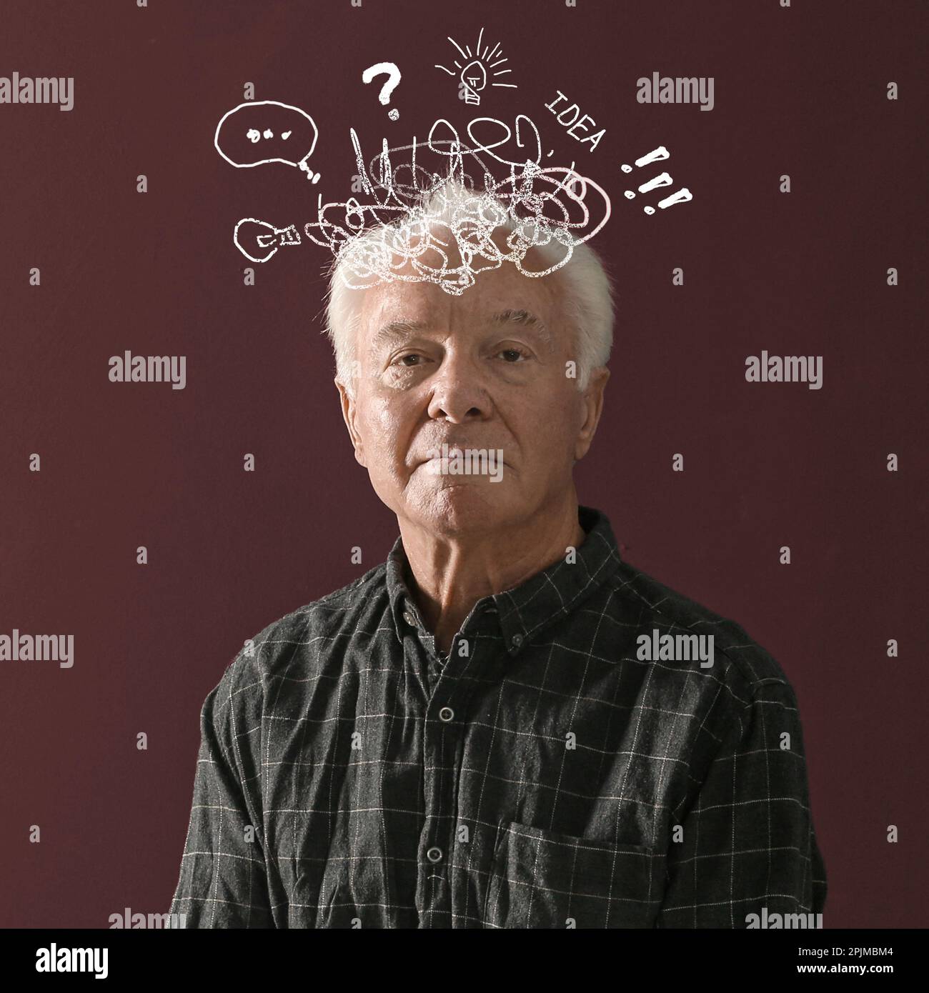 Elderly man with dementia on brown background. Illustration of messy ...