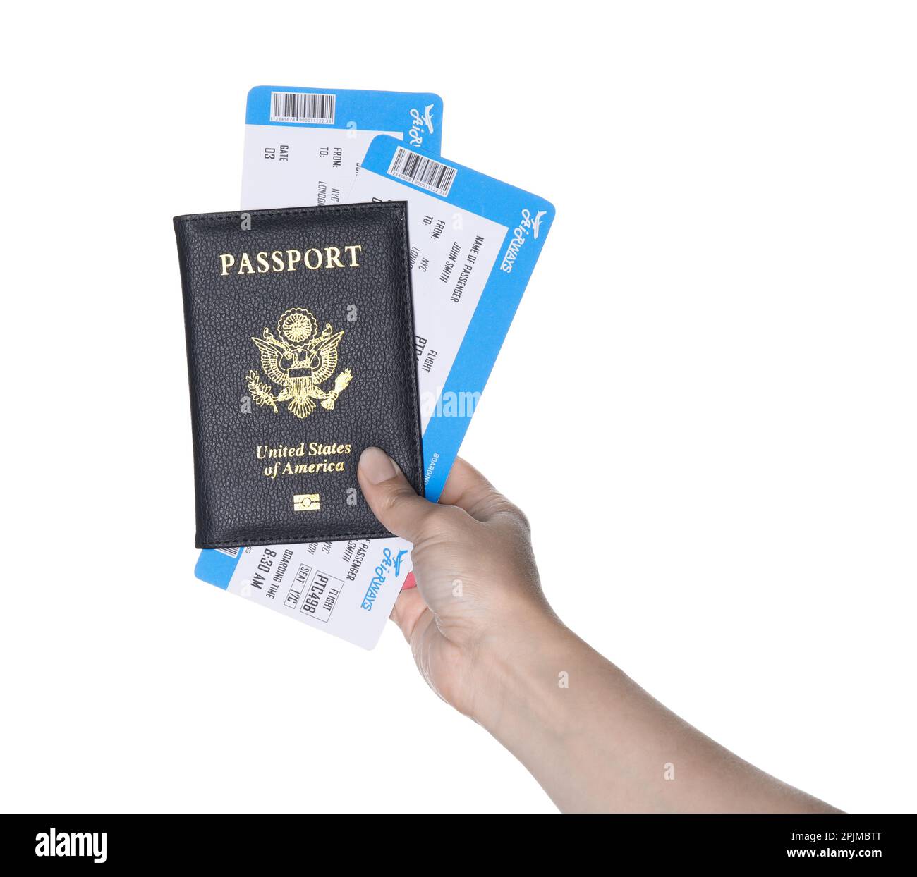 Woman Holding United States Passport With Tickets Isolated On White