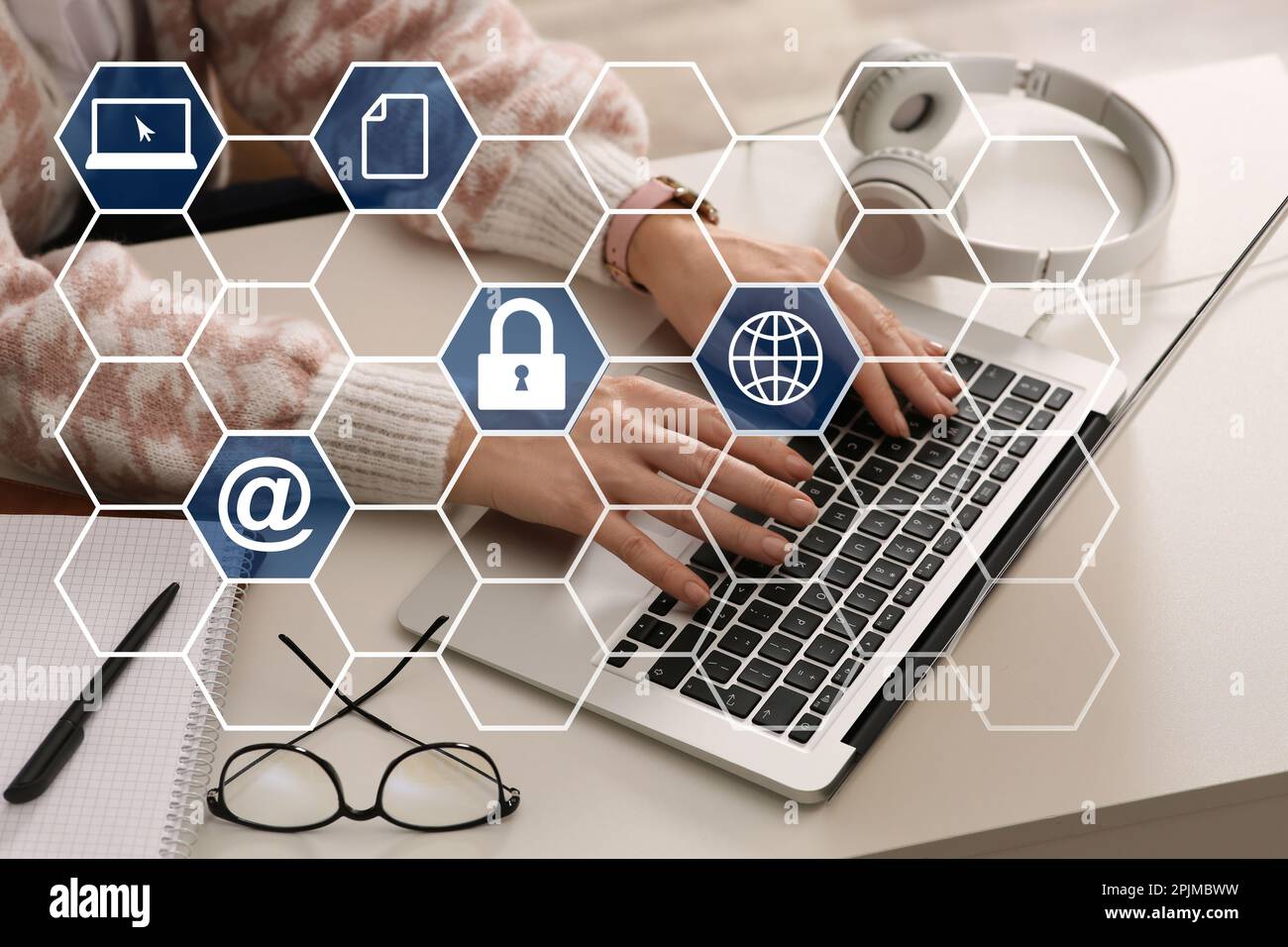 Cyber security concept. Illustration of different virtual icons and ...