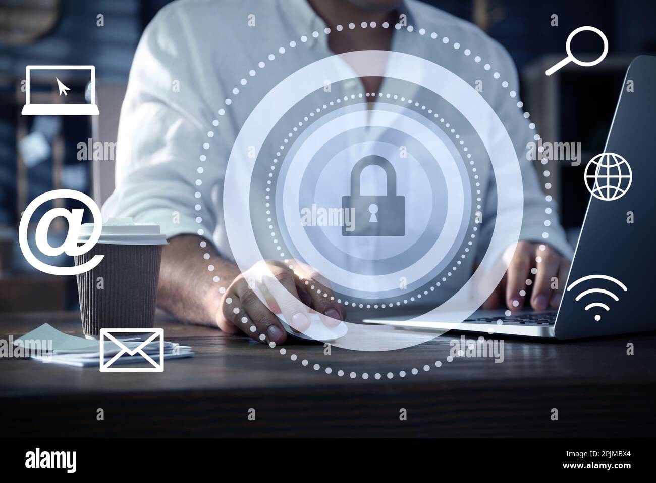 Cyber security concept. Illustration of different virtual icons and man ...