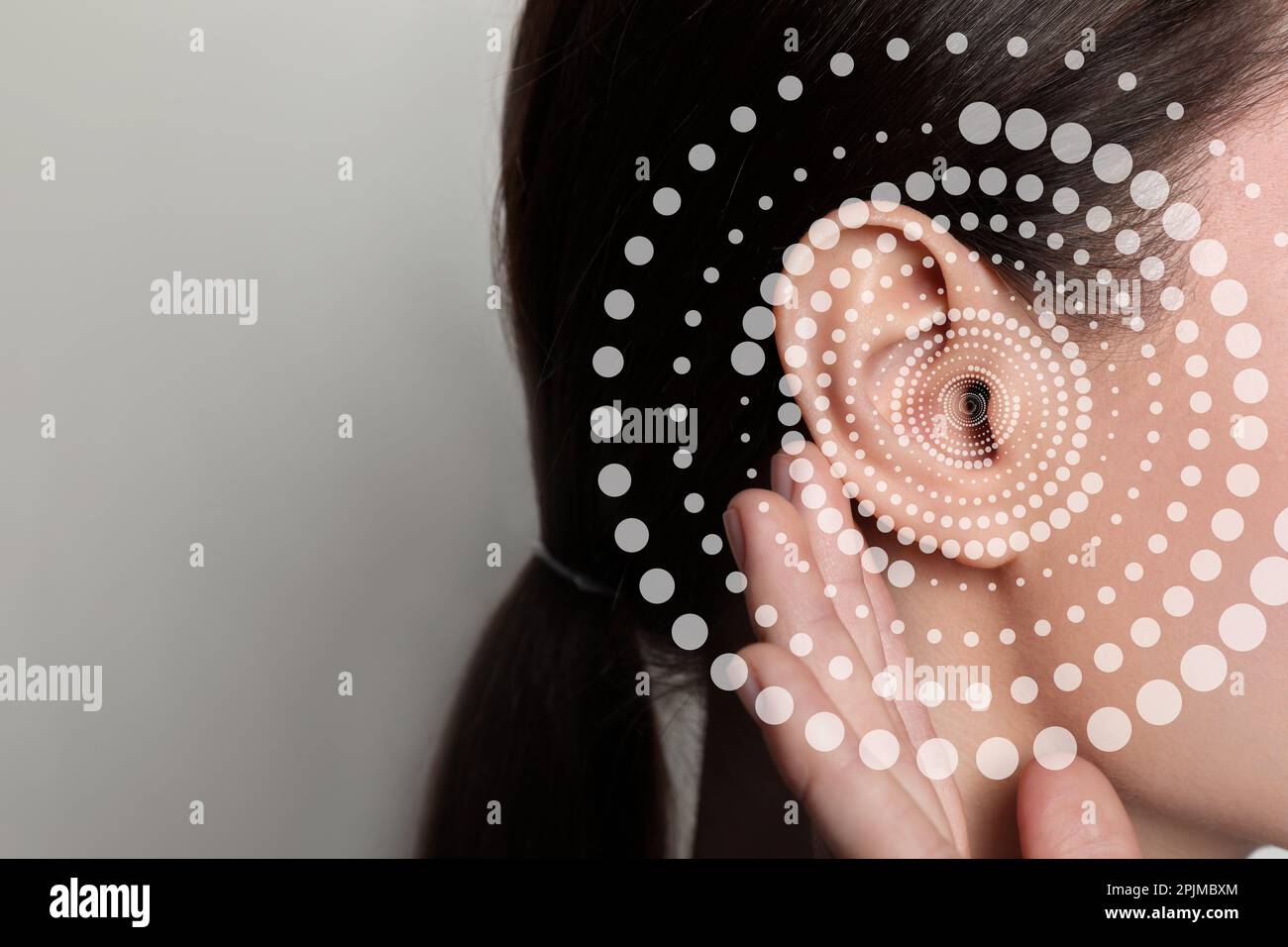 Hearing loss concept. Woman and sound waves illustration on light ...