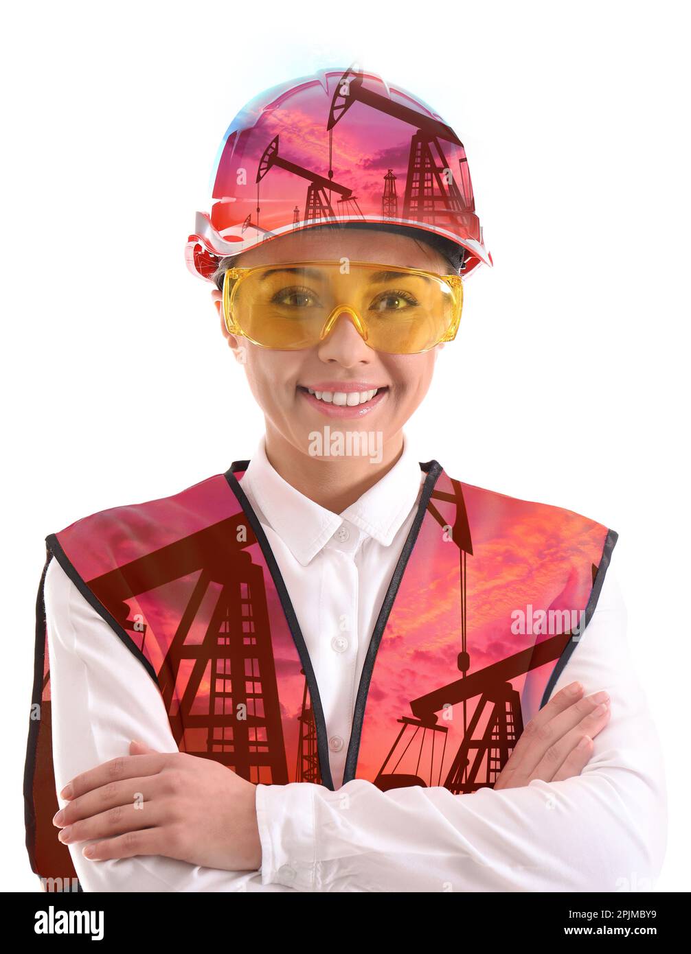 Double exposure of woman wearing uniform and crude oil pumps on white ...