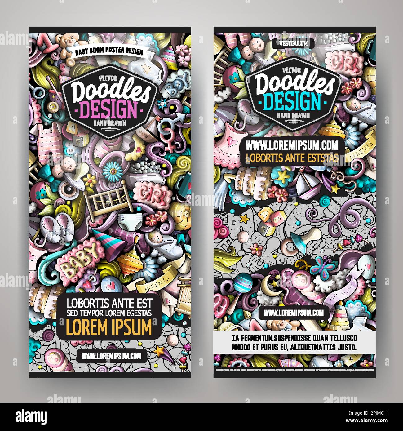 Cartoon cute colorful vector doodles Baby corporate identity. 2 ...