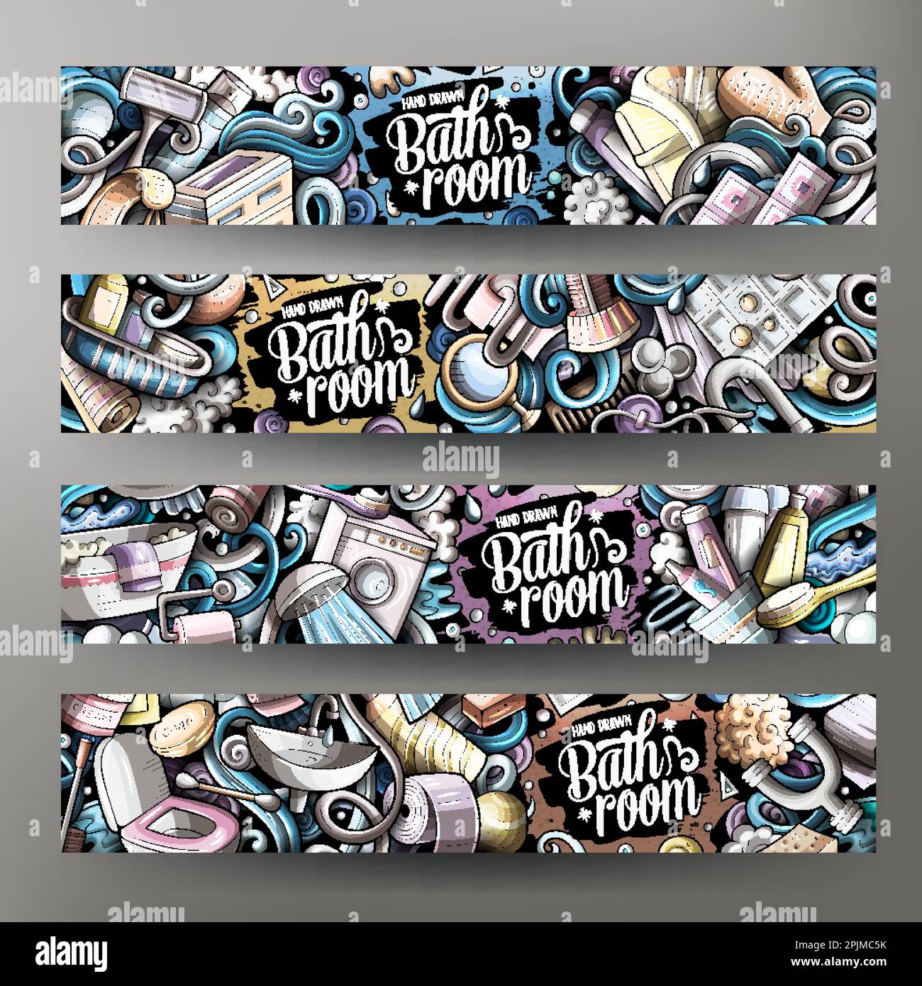 Bathroom doodle banners set. Cartoon detailed Bath identity with ...