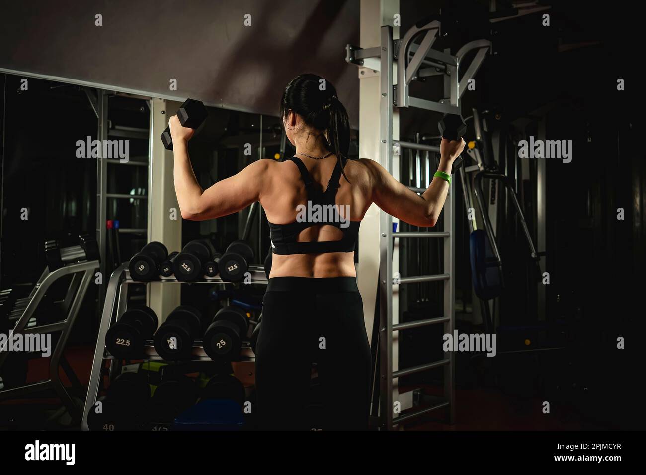 Fitness Sport Concept Workout Blonde Girl Holds Black Dumbbells