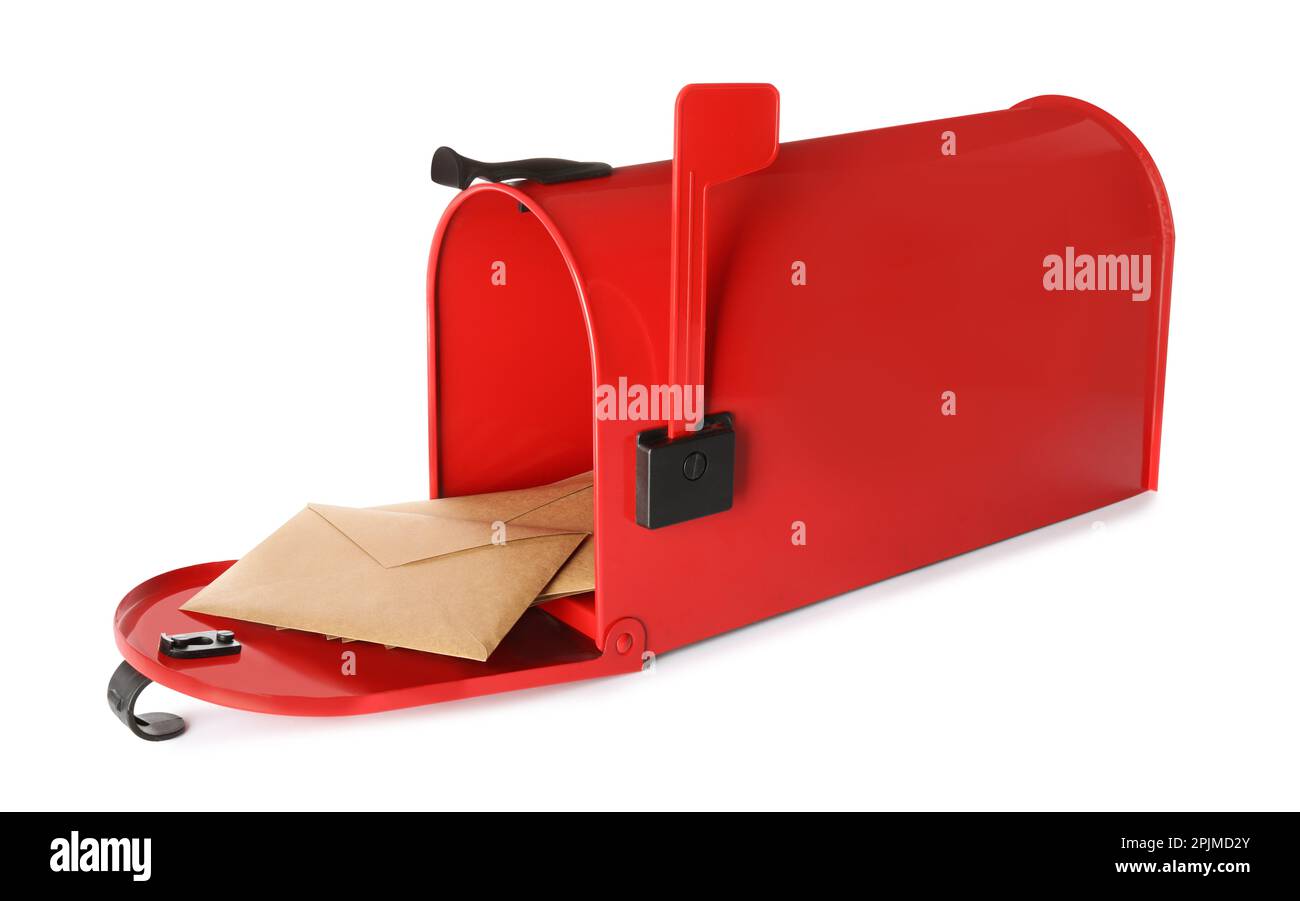 Open red letter box with correspondence on white background Stock Photo ...