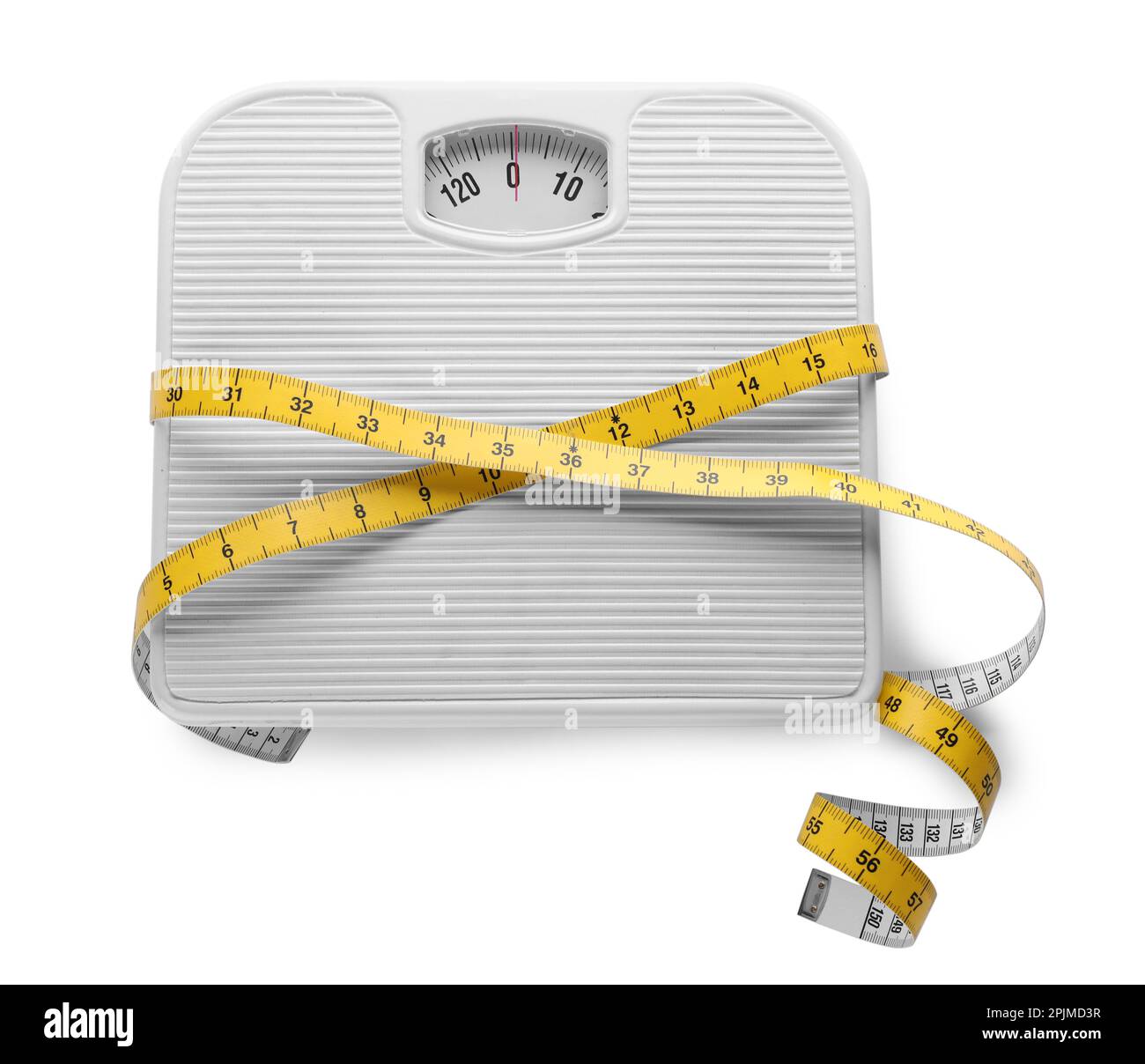 Scales and measuring tape isolated on white, top view Stock Photo - Alamy