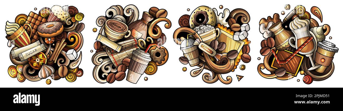 Coffee cartoon vector doodle designs set. Colorful detailed ...