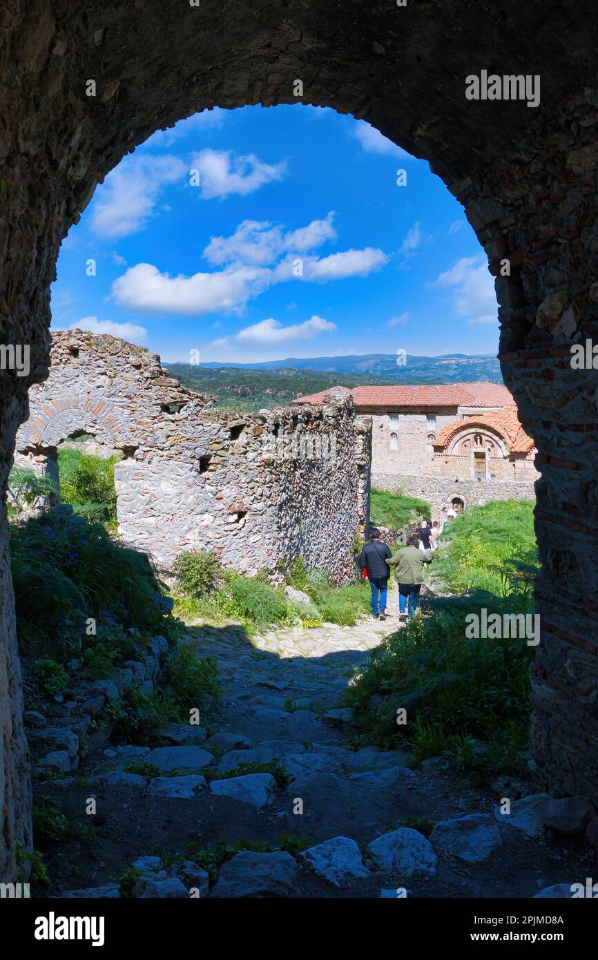 Byzantine church in medieval city of Mystras, Greece. Castle of Mistras ...
