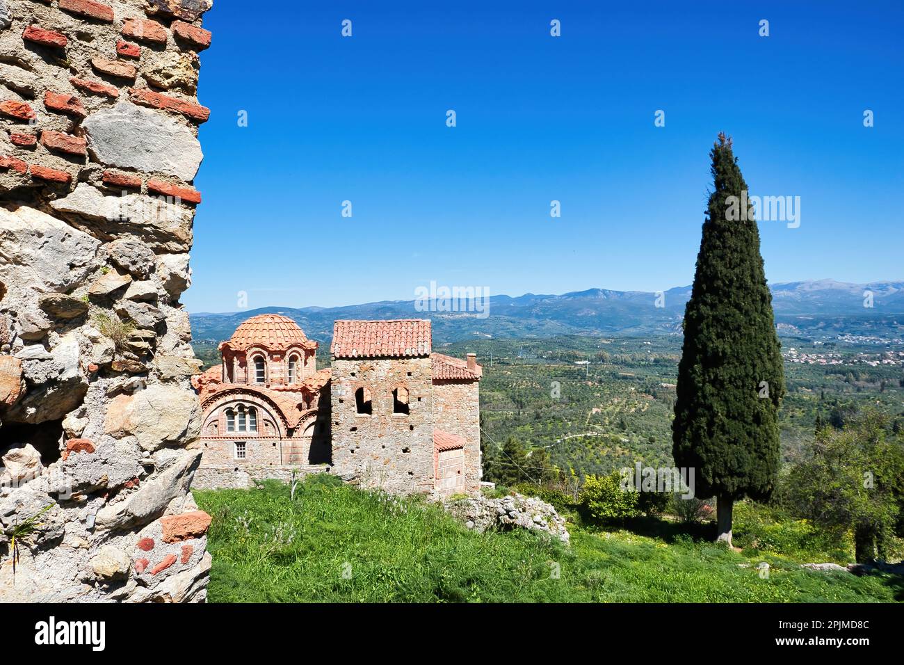 Byzantine church in medieval city of Mystras, Greece. Castle of Mistras ...