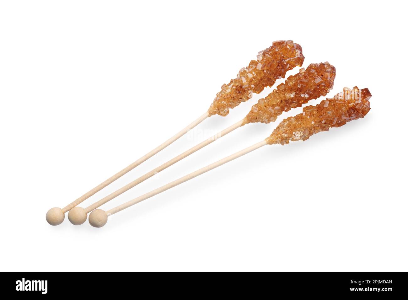 Wooden sticks with sugar crystals isolated on white, top view. Tasty ...