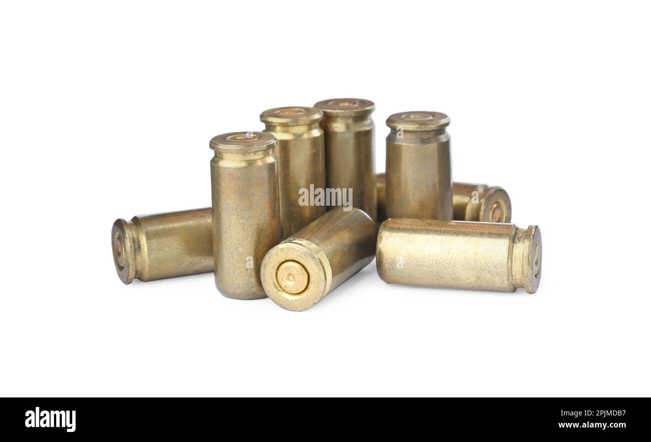 Cartridge cases isolated on white. Firearm ammunition Stock Photo - Alamy