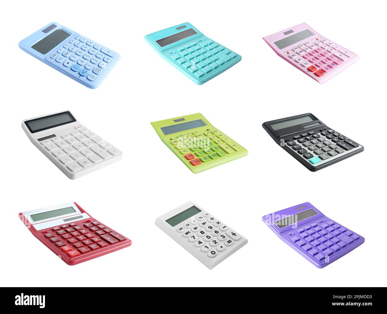 Set of different calculators on white background Stock Photo - Alamy