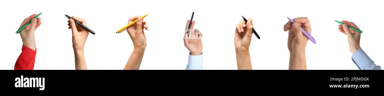 Collage with photos of people holding pens on white background. Banner ...