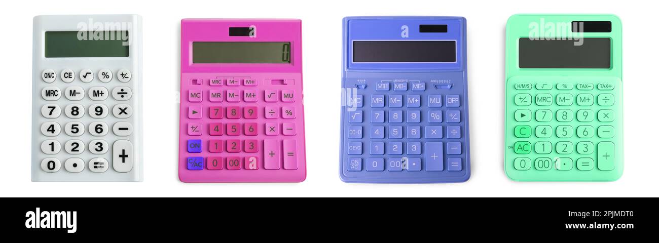 Set with different calculators on white background, top view. Banner ...