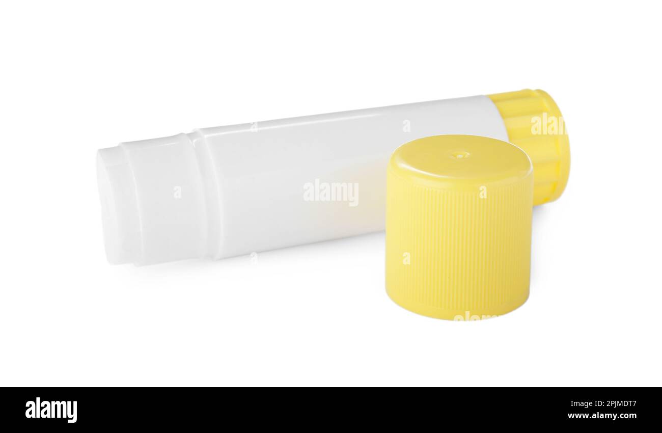 Open blank glue stick with yellow cap on white background Stock Photo ...