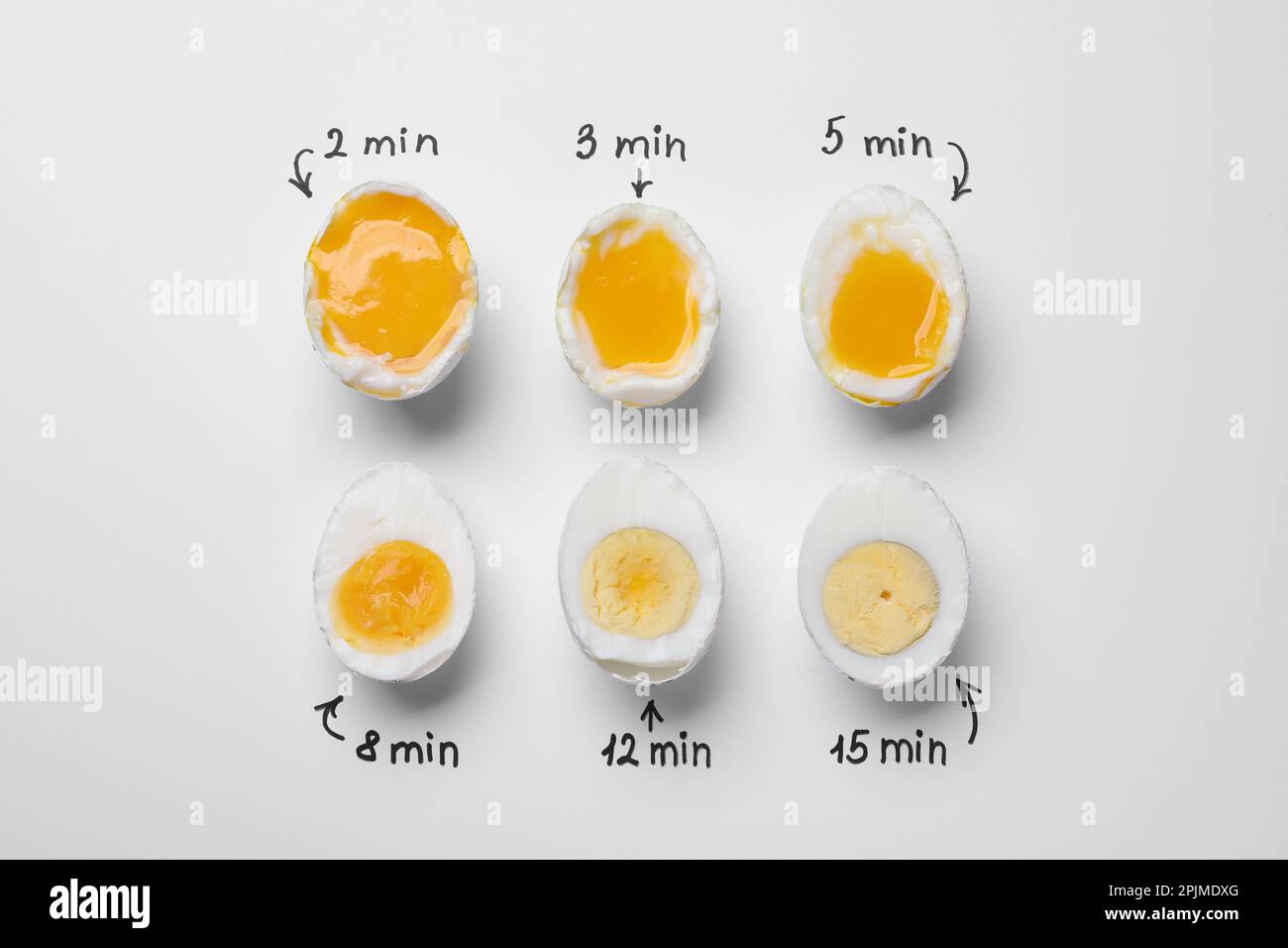 Different cooking time and readiness stages of boiled chicken eggs on ...
