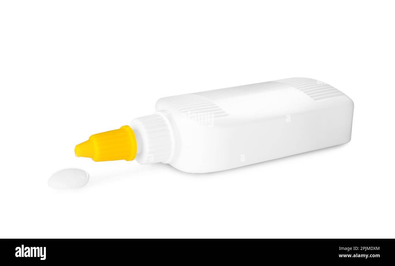 Blank bottle and drop of glue on white background Stock Photo - Alamy