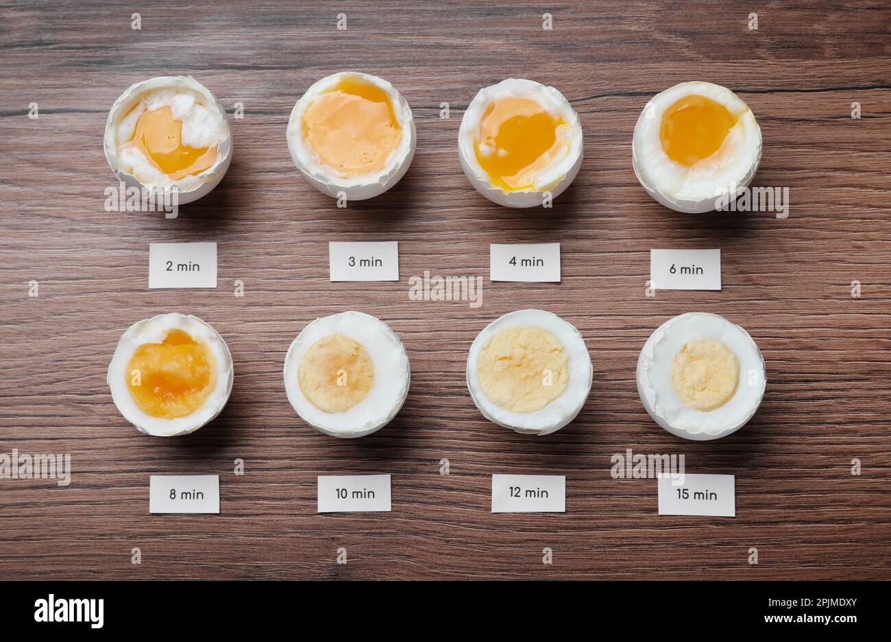 Different cooking time and readiness stages of boiled chicken eggs on ...