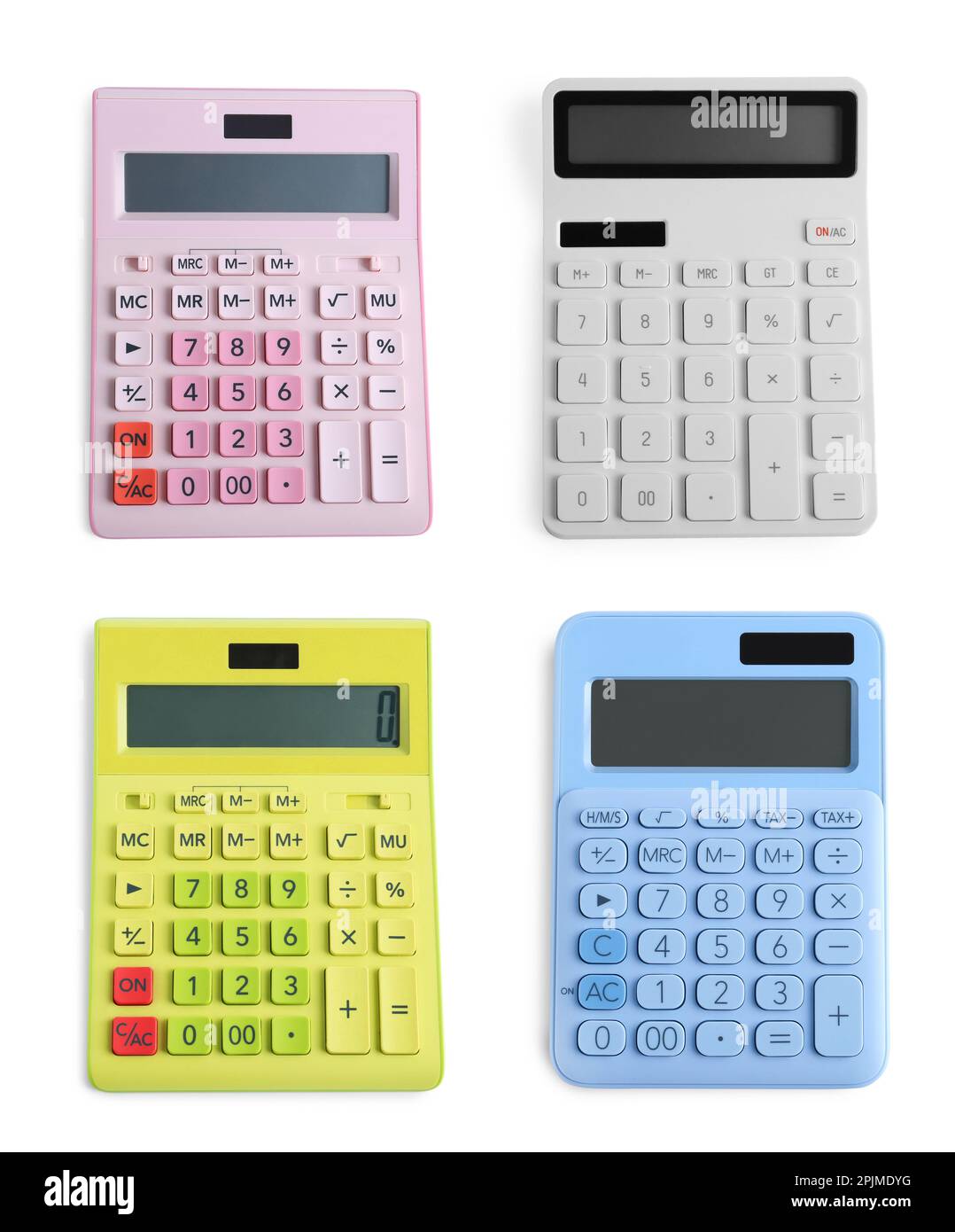 Set with different calculators on white background, top view Stock ...