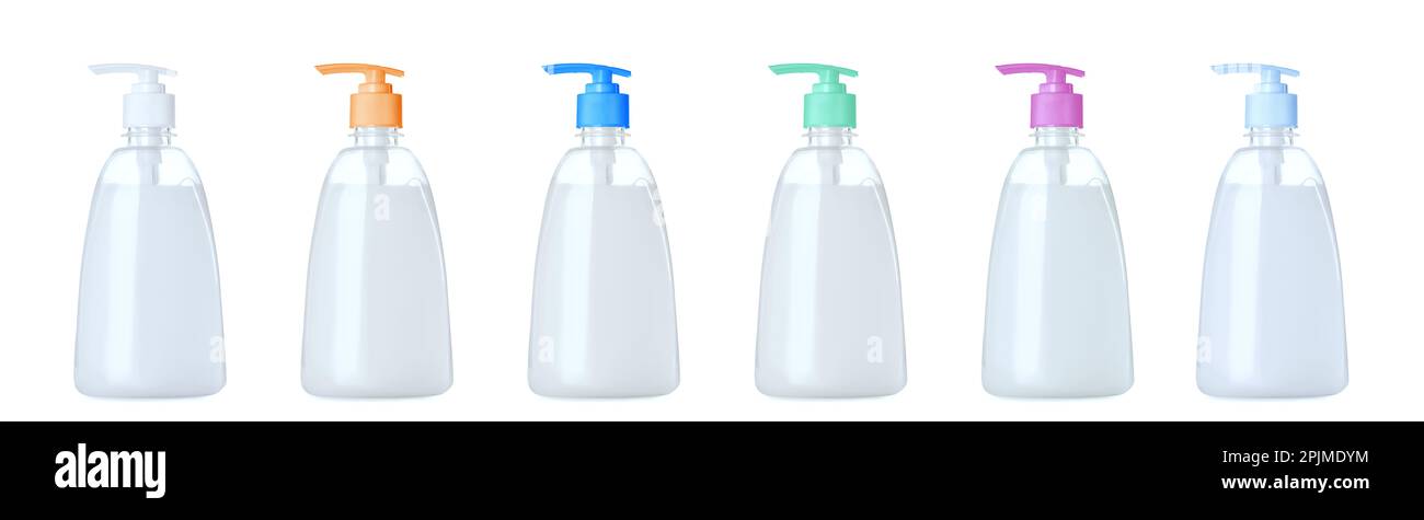 Set with bottles of liquid soap on white background. Banner design ...