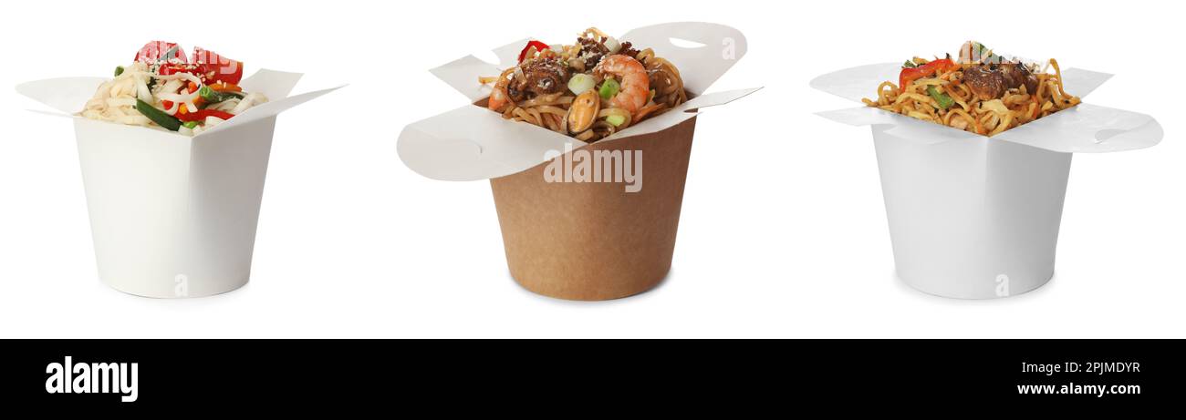 Set with boxes of tasty wok noodles on white background. Banner design ...