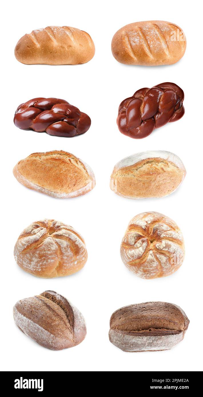 Collage with different bread on white background Stock Photo - Alamy
