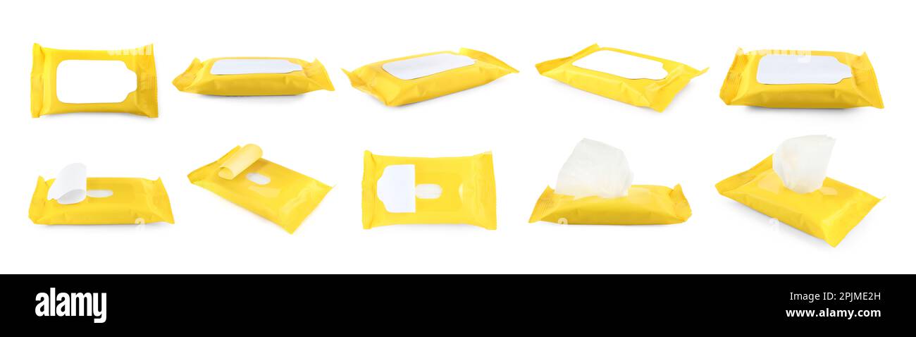 Set with packs of wet wipes on white background. Banner design Stock ...