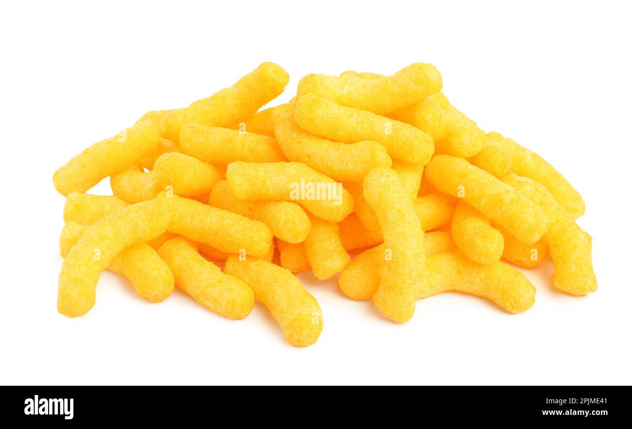 Many tasty cheesy corn puffs isolated on white Stock Photo - Alamy